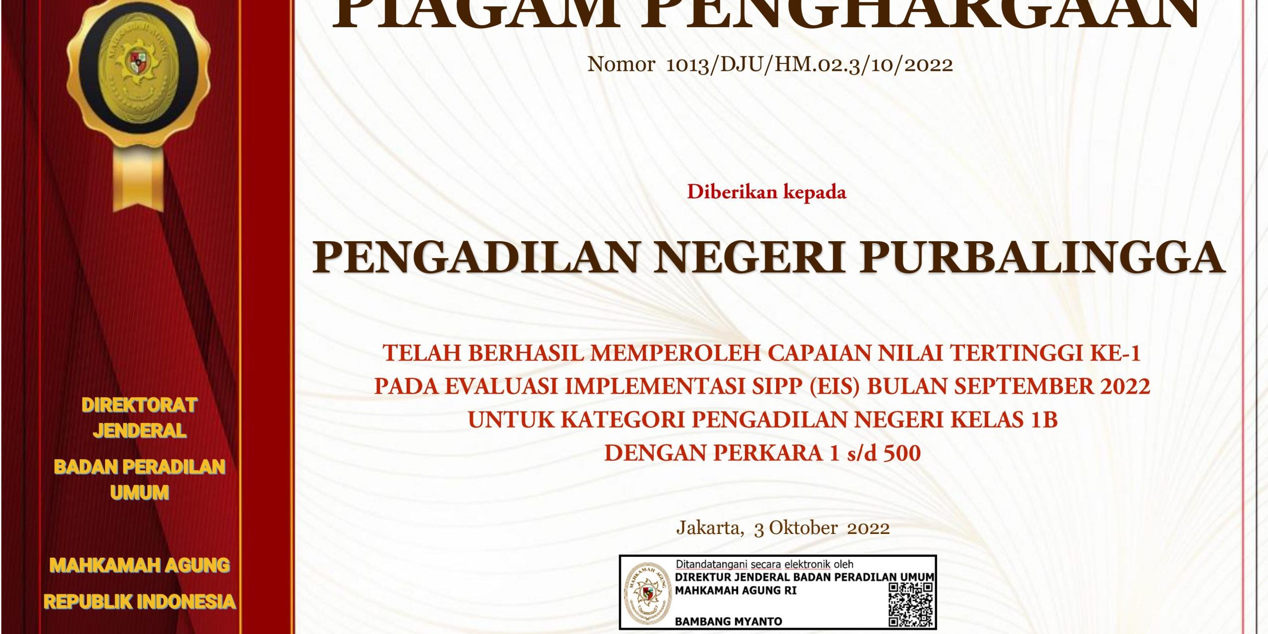 Pemberian Piagam Penghargaan Evaluasi Implementasi SIPP (EIS) Periode ...
